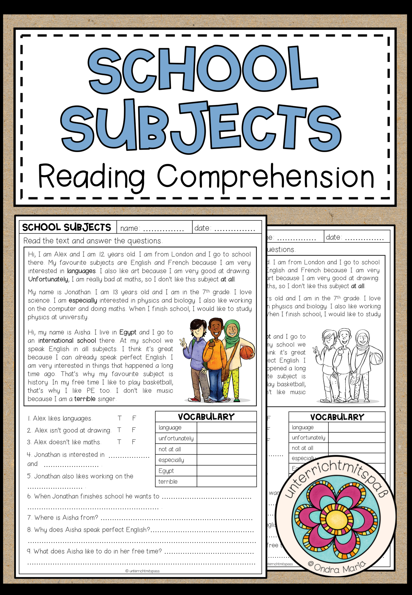 School Subjects - Reading Comprehension (2 Versionen ...