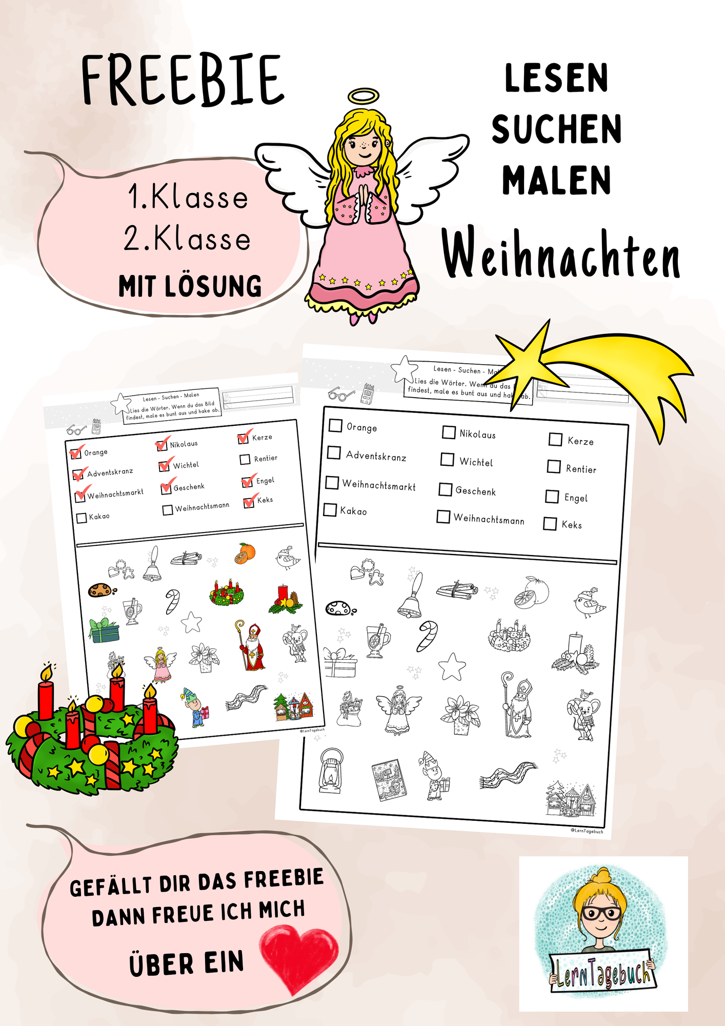 Kostenloses Arbeitsblatt Lesen, Suchen, Malen Weihnachten 1.Klasse, 2 ...