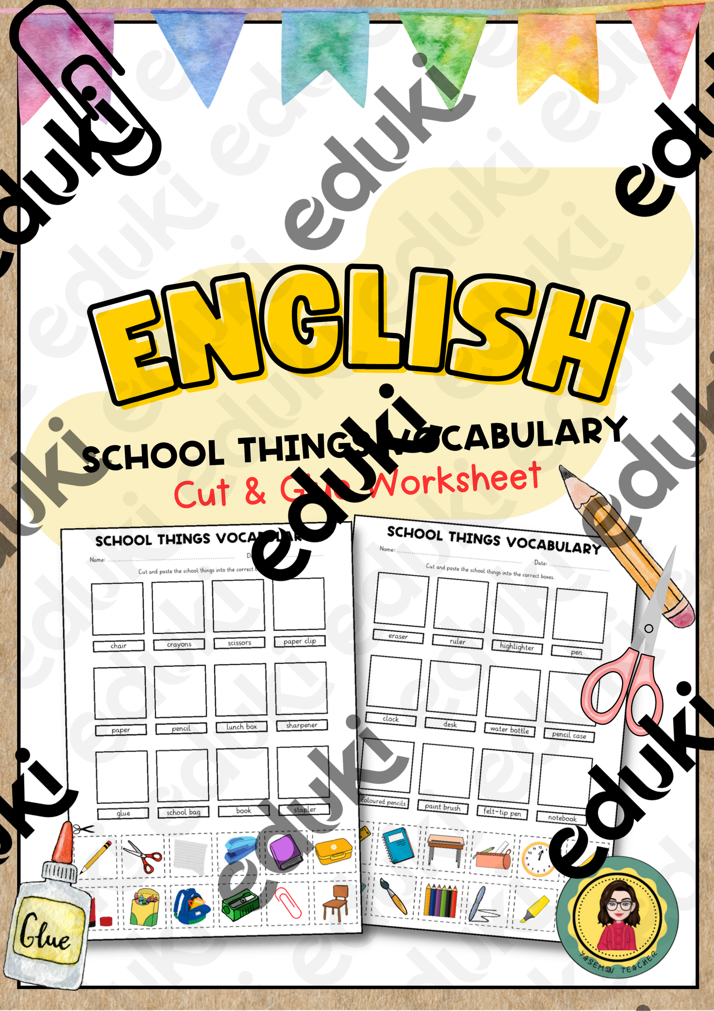 School Things Vocabulary Cut&Glue Worksheet - Ressource pédagogique pour ton cours de Anglais